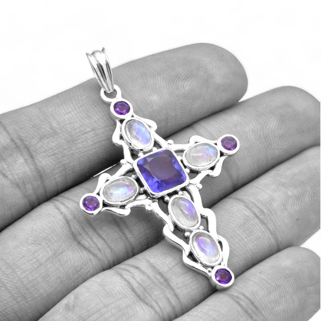 Multi-gemstone Cross Pendant: Sterling Silver Spiritual Charm - Etsy
