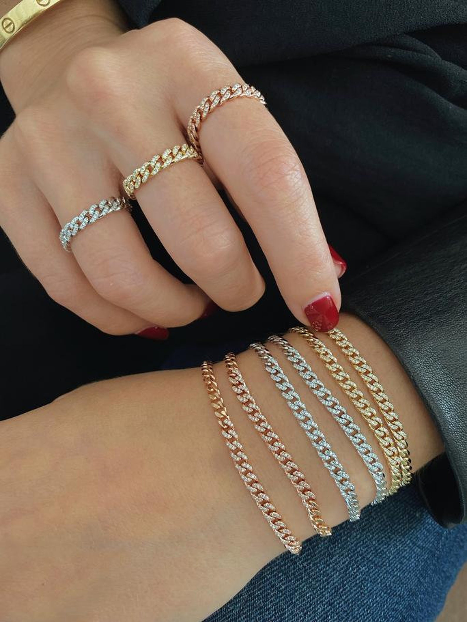 14K Solid Gold and Diamond Curb Link Ring - Etsy