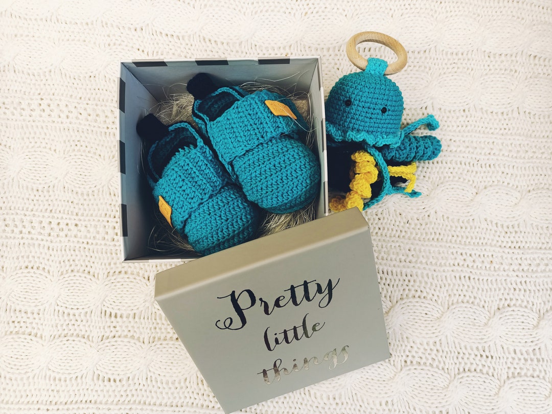 A Beautiful Set of Shoes With an Amigurumi Rattle in Blue Shades. A ...