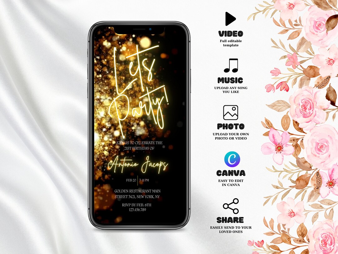 Let's Party Animated Invitation, Neon Gold Light Digital Party Invite ...