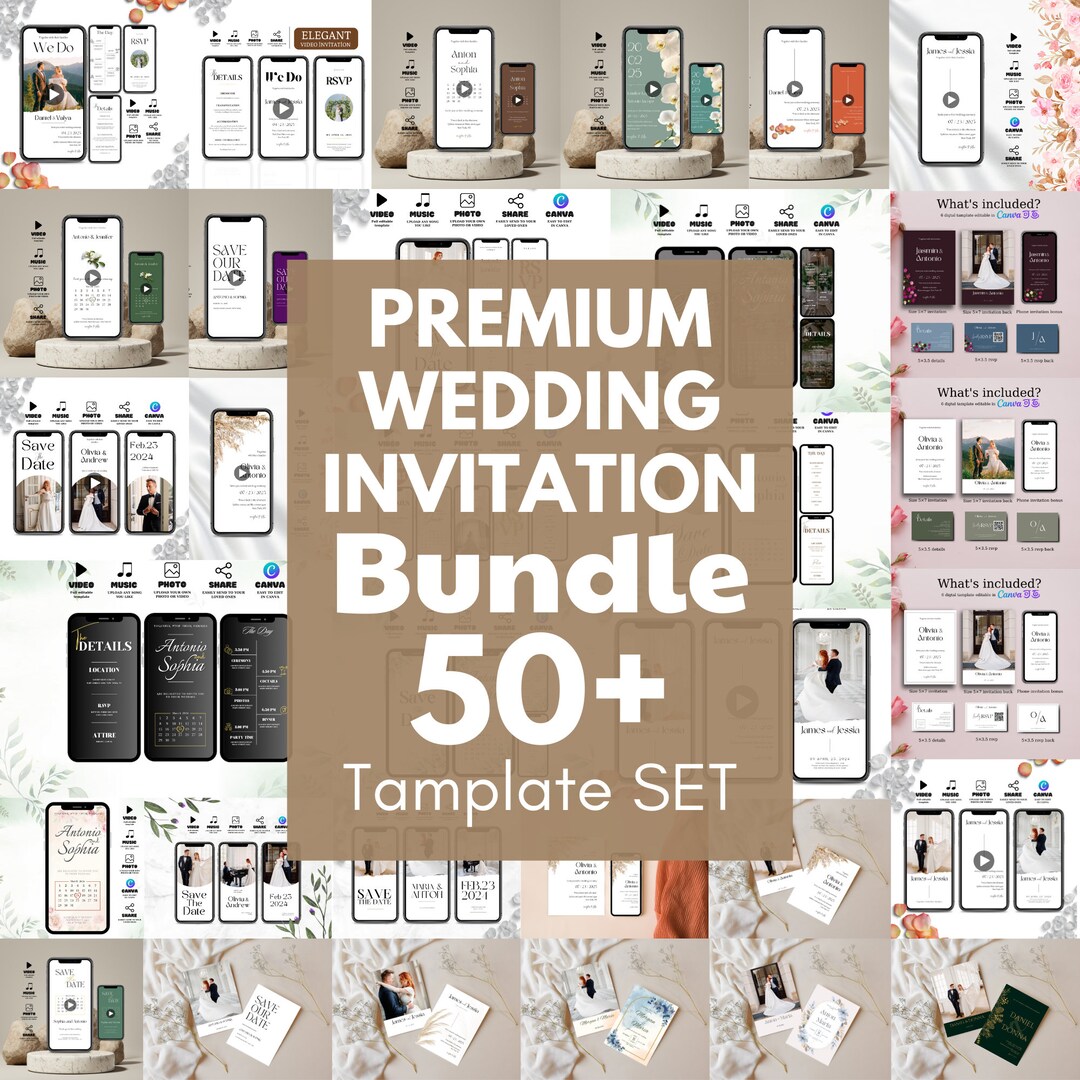 Wedding Invitation Bundle Template SET, Wedding Invitation Video Bundle, Minimalist Large ...