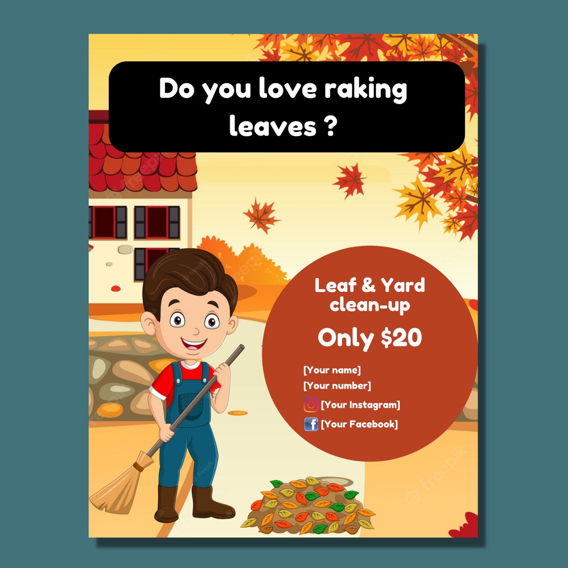 Leaf Clean-up Flyer - Teens Autumn Fall Leaves Lawn Business - Custom ...