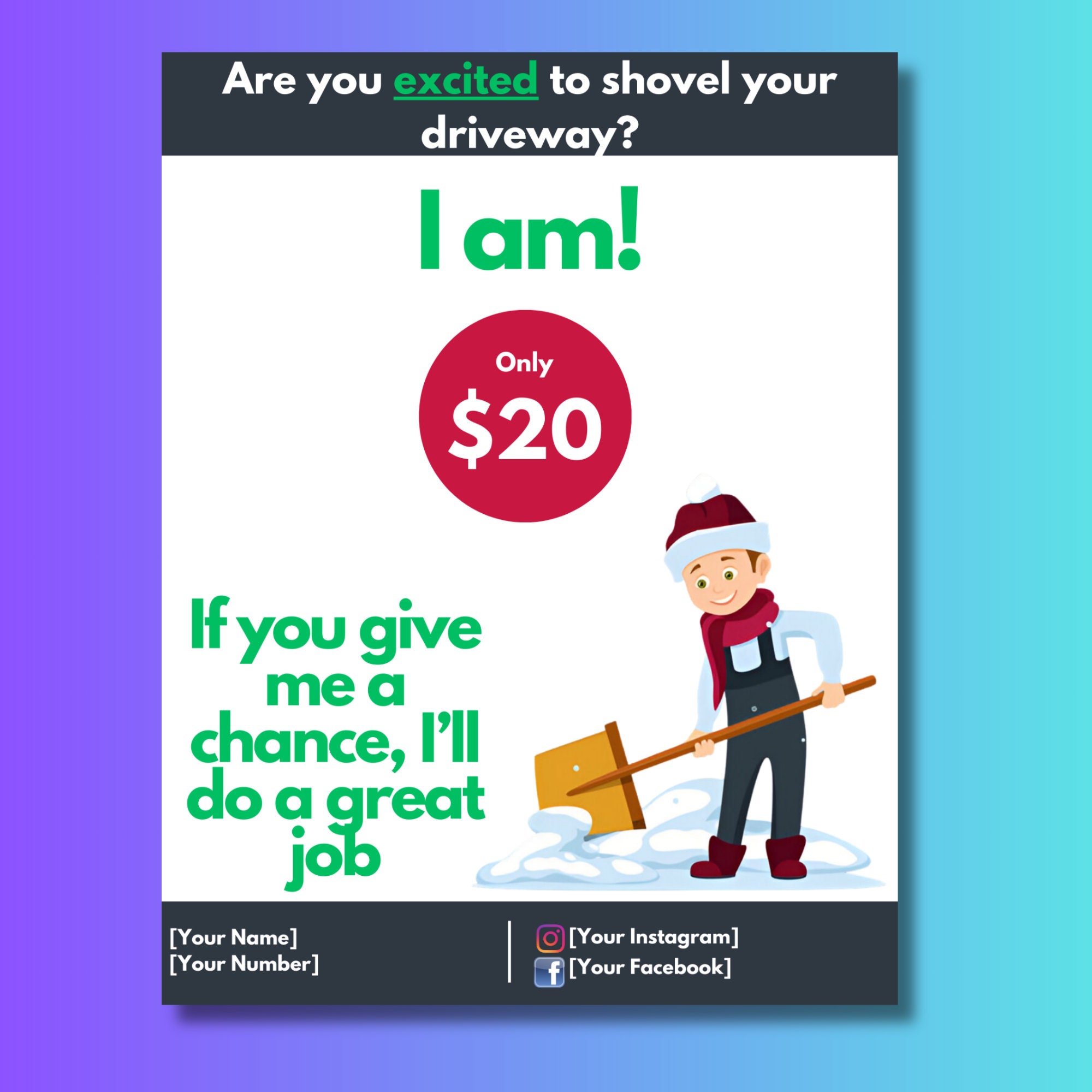 Snow Shoveling Excited Kid - Snow Removal Flyer - Kids, Teens, DIY ...