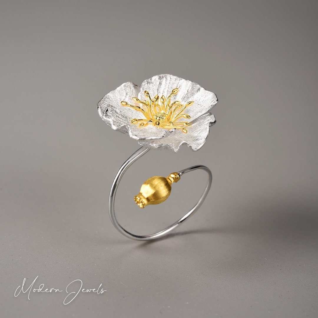 Poppy Flower Ring, 925 Sterling Silver & 18K Gold Adjustable Ring - Etsy