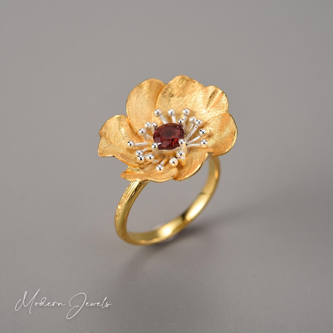 Anemone Flower Ring, Garnet Ring, Gold Ring, Silver Ring, Gifts for Her ...