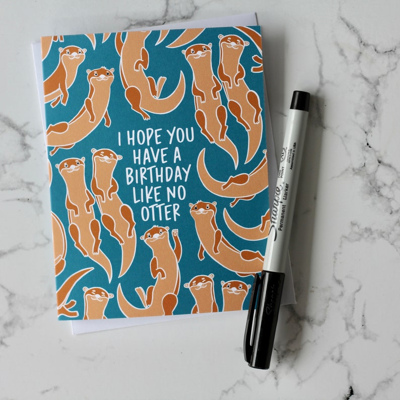 Graphic Cute Otters on a Birthday Card With Envelope Blank Inside Note ...