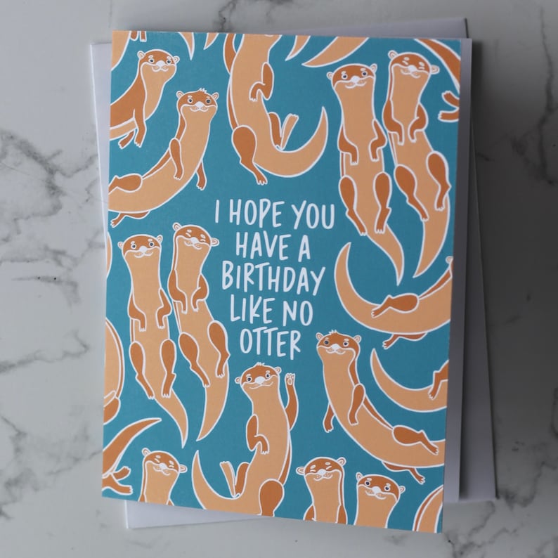 Graphic Cute Otters on a Birthday Card With Envelope Blank Inside Note ...