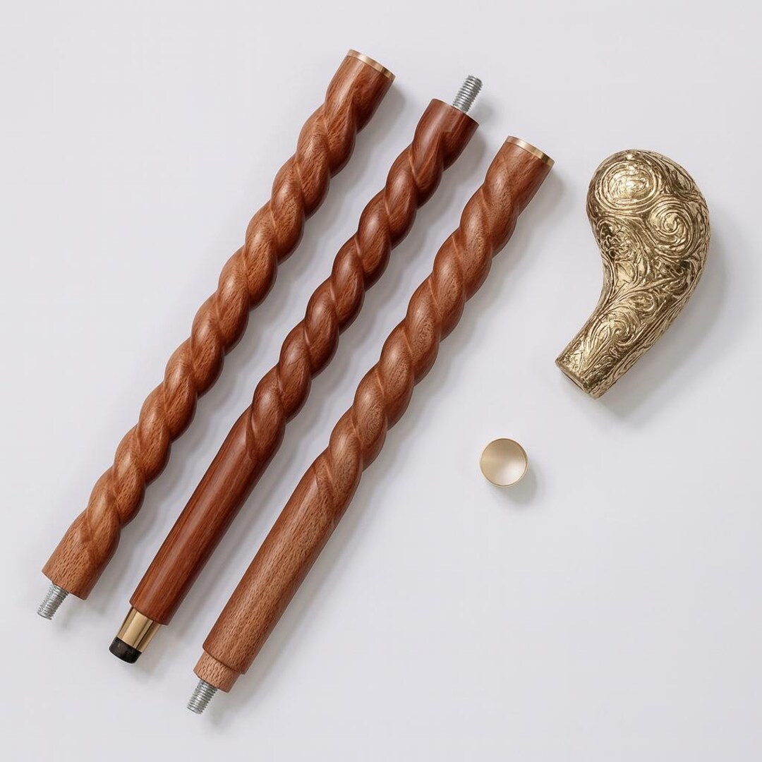 Engraved Brass Handle Walking Stick – 3 Piece Twisted Wood Cane ...