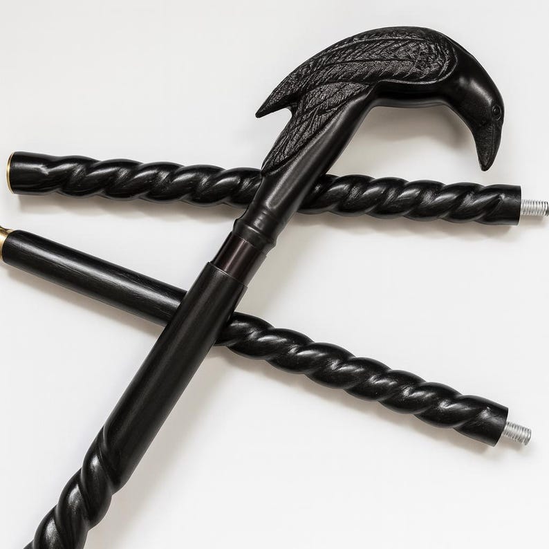 Black Raven Walking Cane, Personalized Solid Wood Walking Stick for Men ...