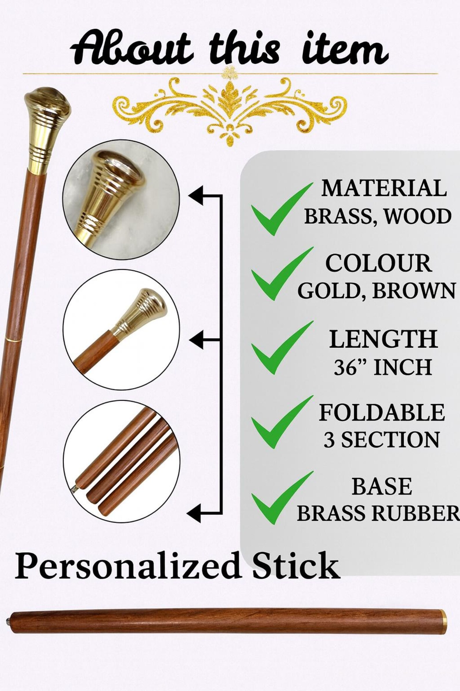 Brass Walking Stick, Detachable Sections Personalized Engraved Gift for ...