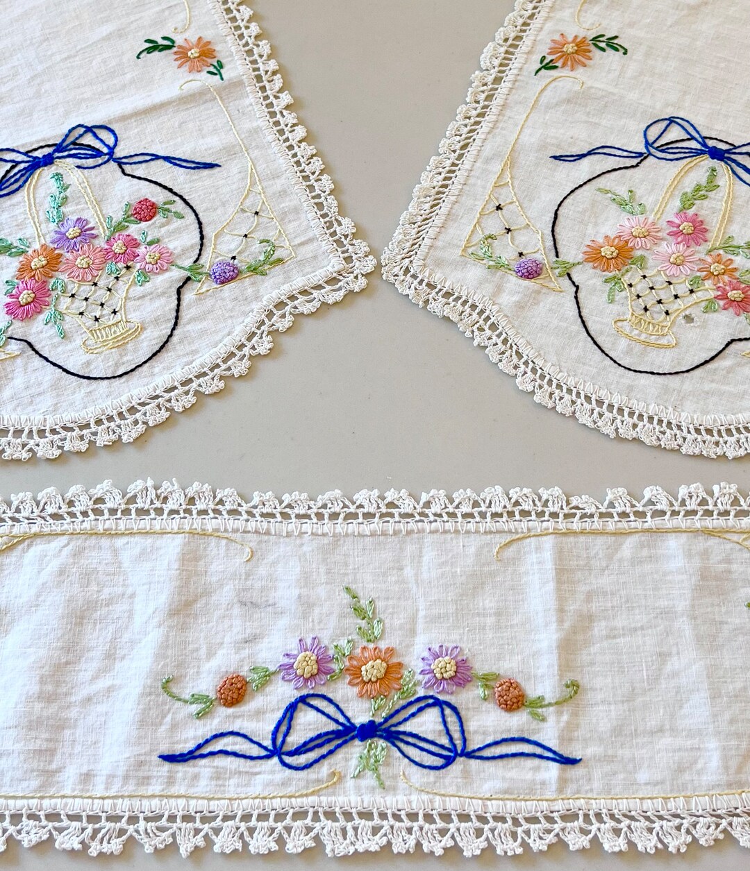 Vintage Dainty Tea Party 3 Piece Doily Set With Crochet and Needlework ...