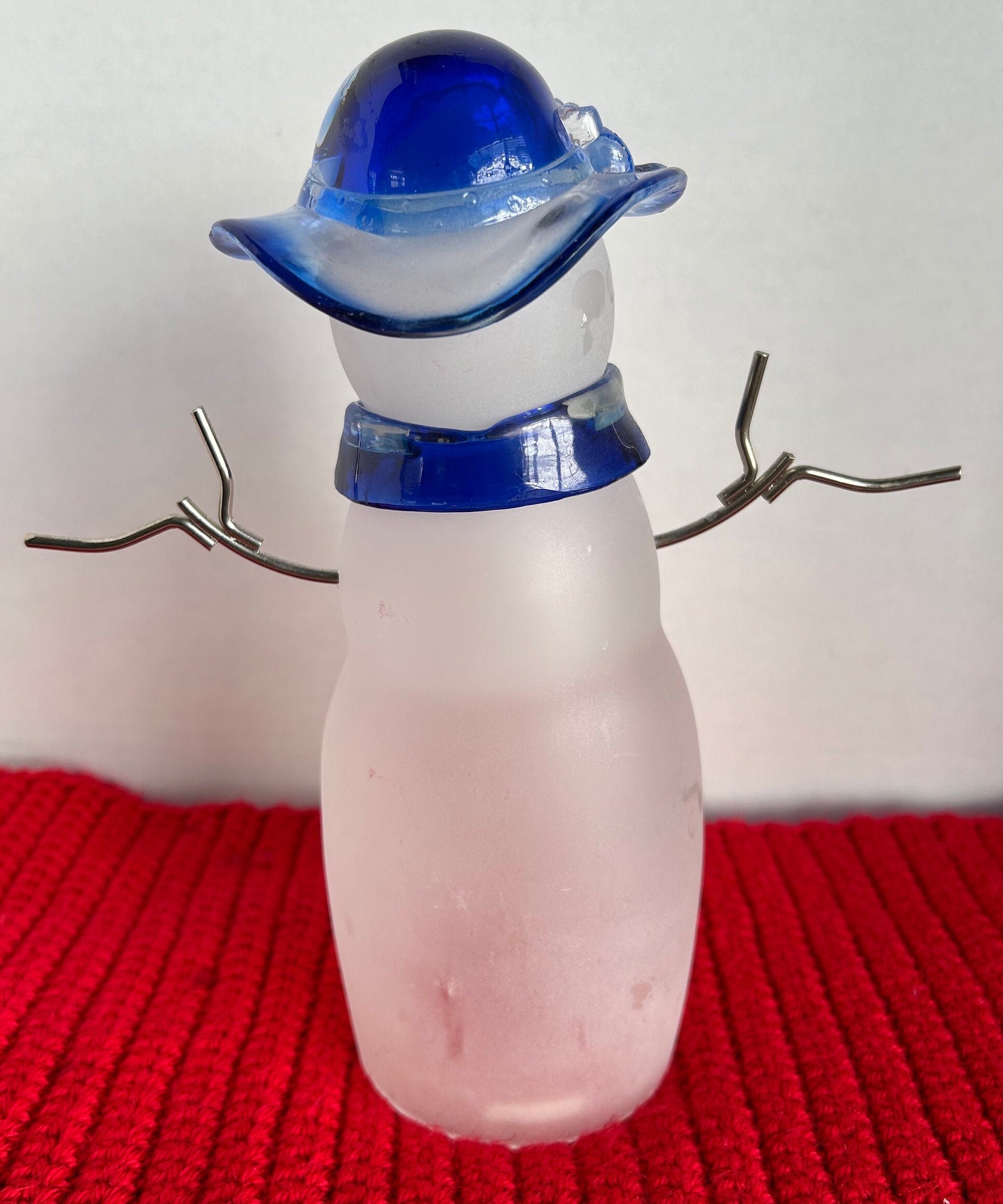 Frosted Glass Snowman With Blue Hat and Scarf and Metal Arms, 9 Tall - Etsy