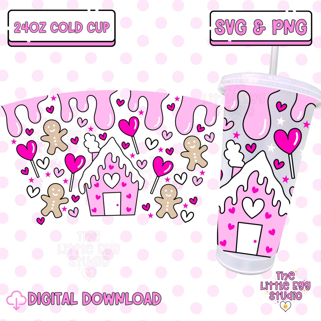Pink Gingerbread SVG, No Hole Cold Cup SVG, Gingerbread House Cold Cup ...
