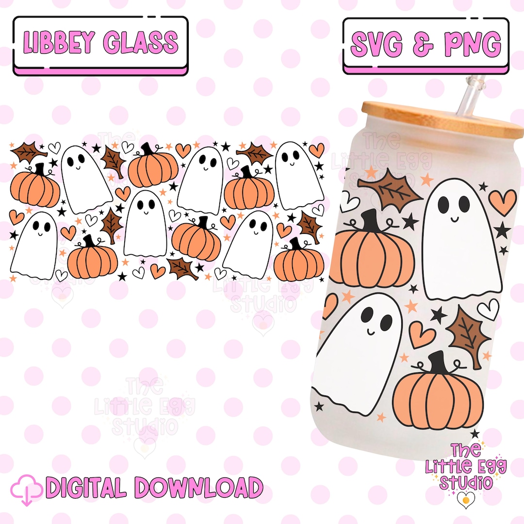 Cute Ghost Glass Can SVG Wrap, Cute Ghost Libbey Glass SVG, Halloween ...