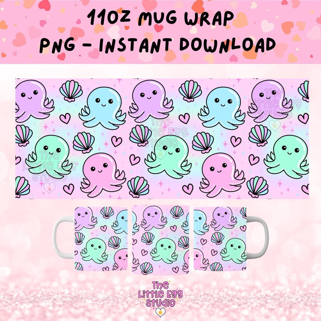 Cute Octopus Mug PNG, Pastel Rainbow Mug Wrap Design, Seashell Mug Wrap ...