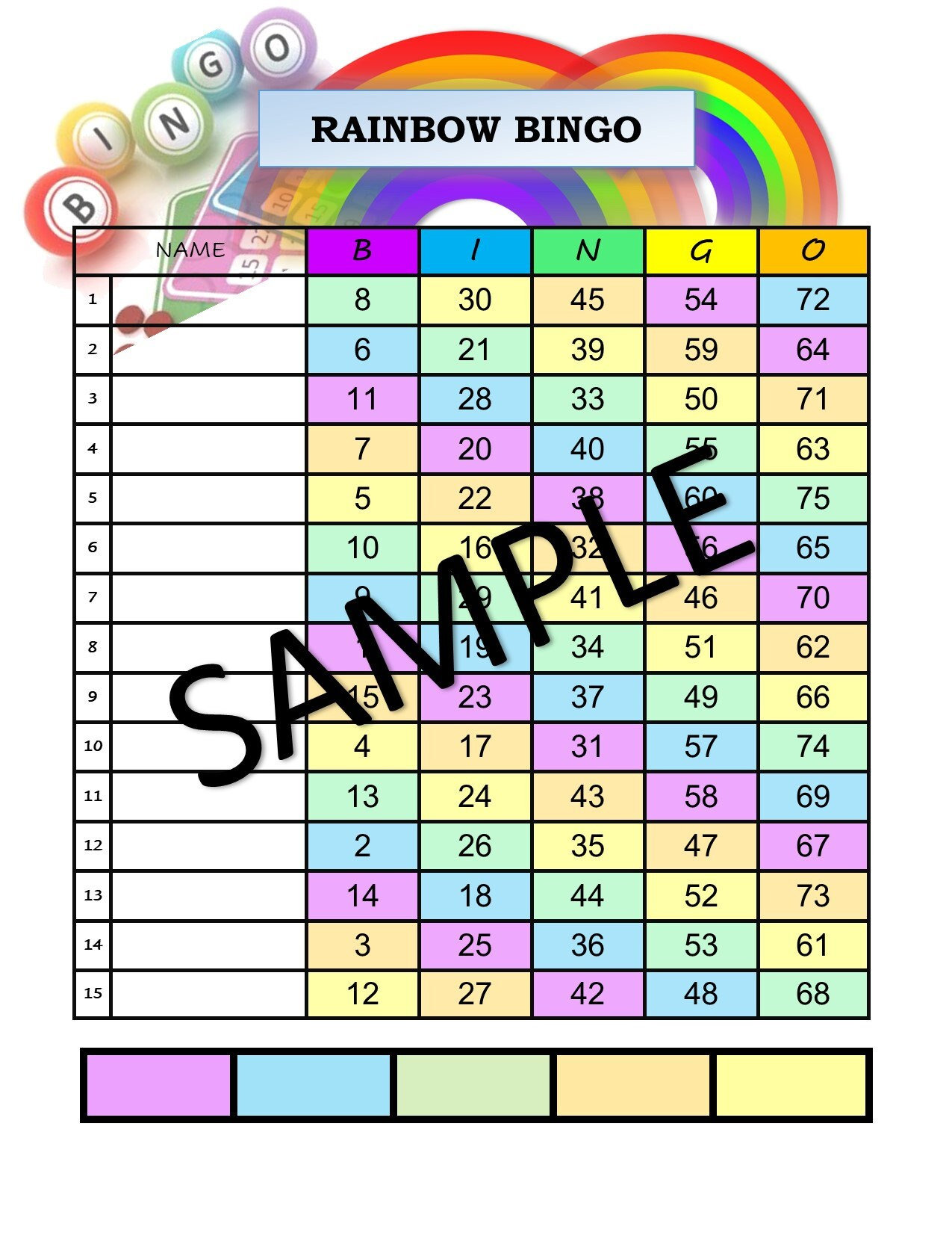Rainbow Bingo Board 15 Line - Mixed, Straight & Blank PDF - Etsy