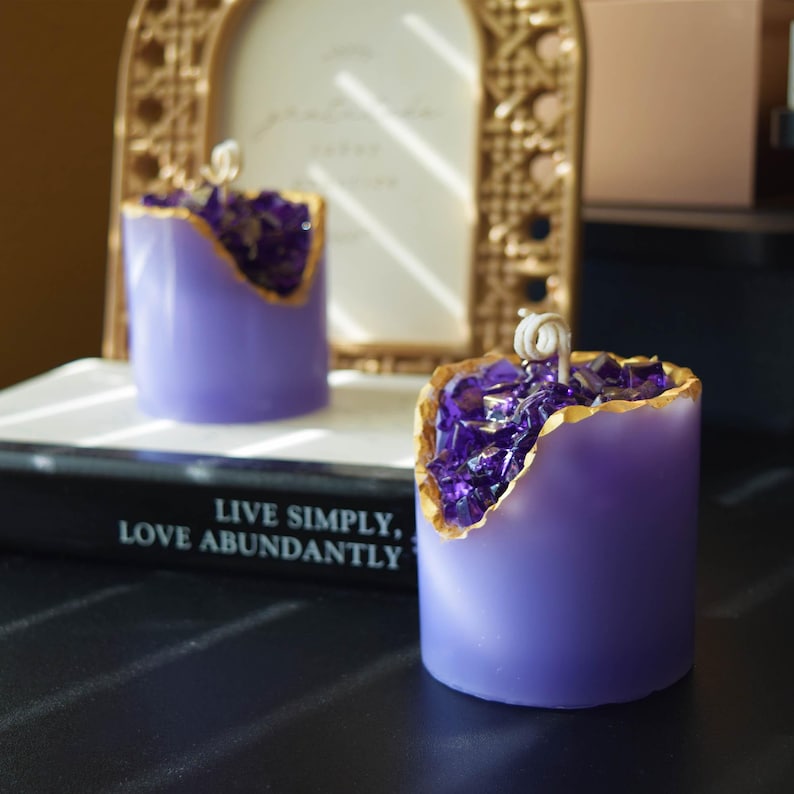 Purple Geode Candle, Crystal Inspired Wax Art Pillar, Gold Rim, Home ...