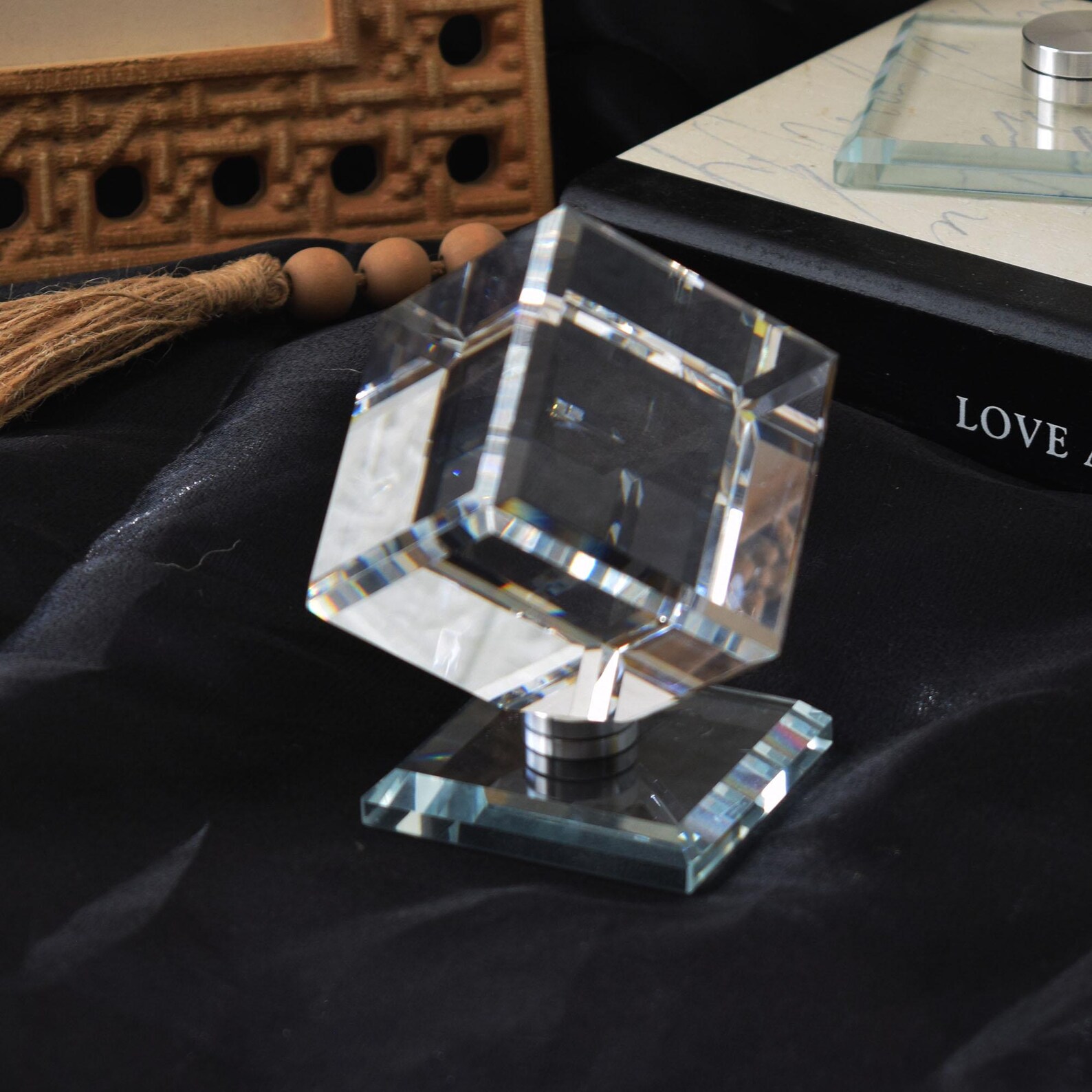 Blank Crystal Cube, Beveled Optical Clear, Display Block With Rotating ...