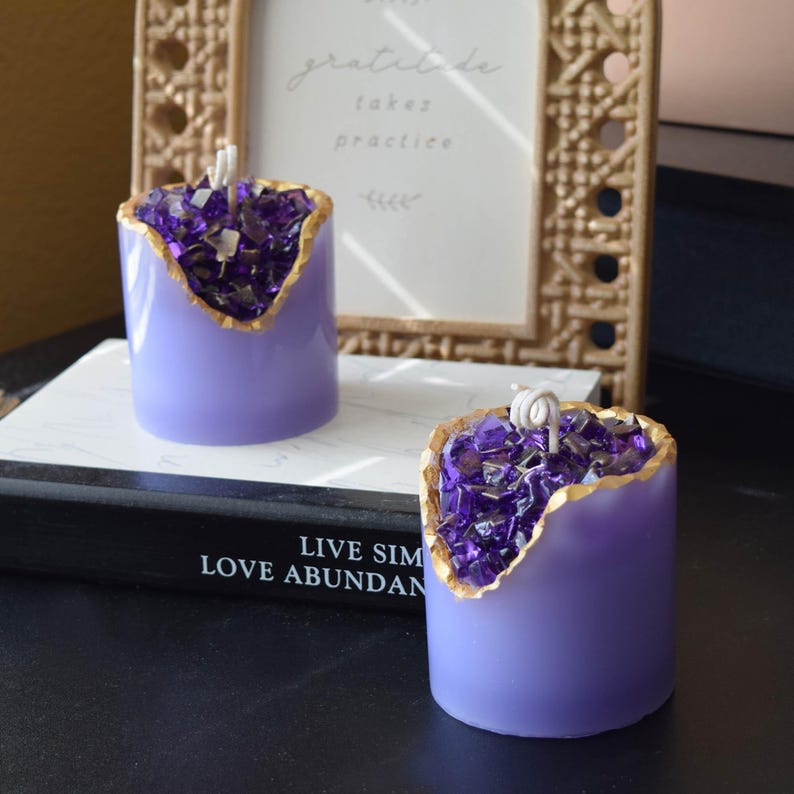 Purple Geode Candle, Crystal Inspired Wax Art Pillar, Gold Rim, Home ...