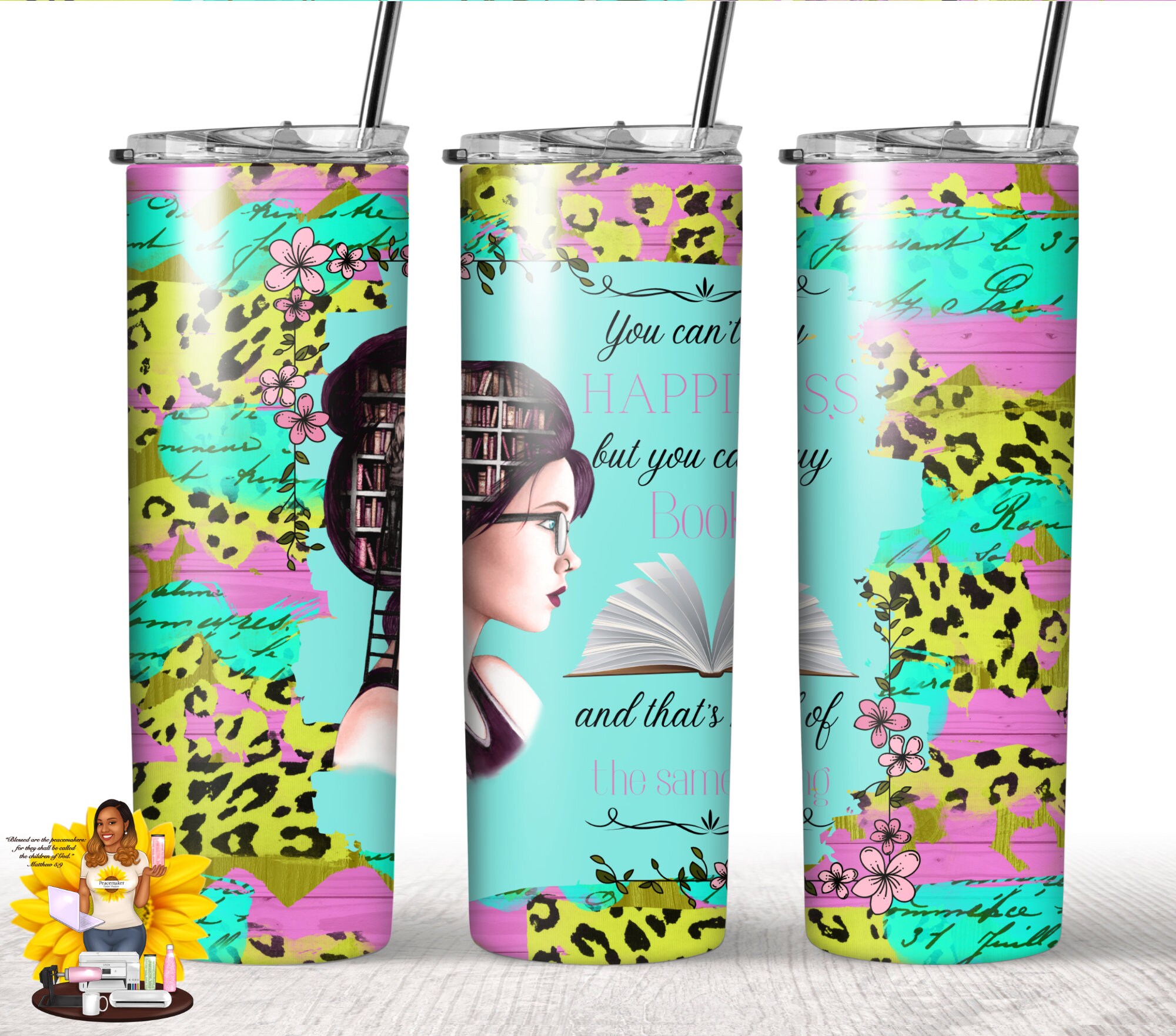Scripted Multi Color Leopard Print Book Lover 20oz Skinny - Etsy