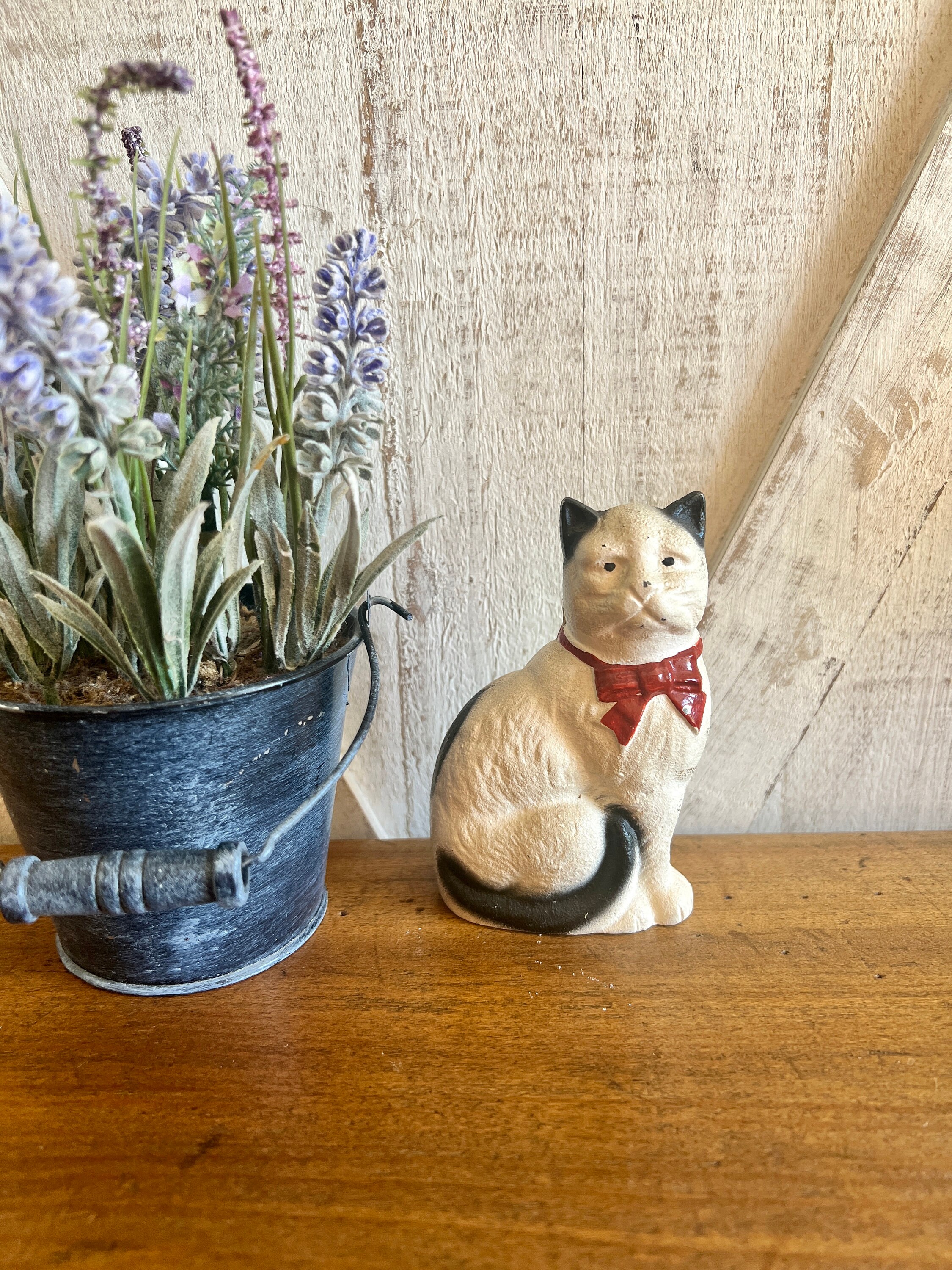 Vintage Cast Iron Cat Bank Cat Black & White Cat Red Bow Housewarming ...