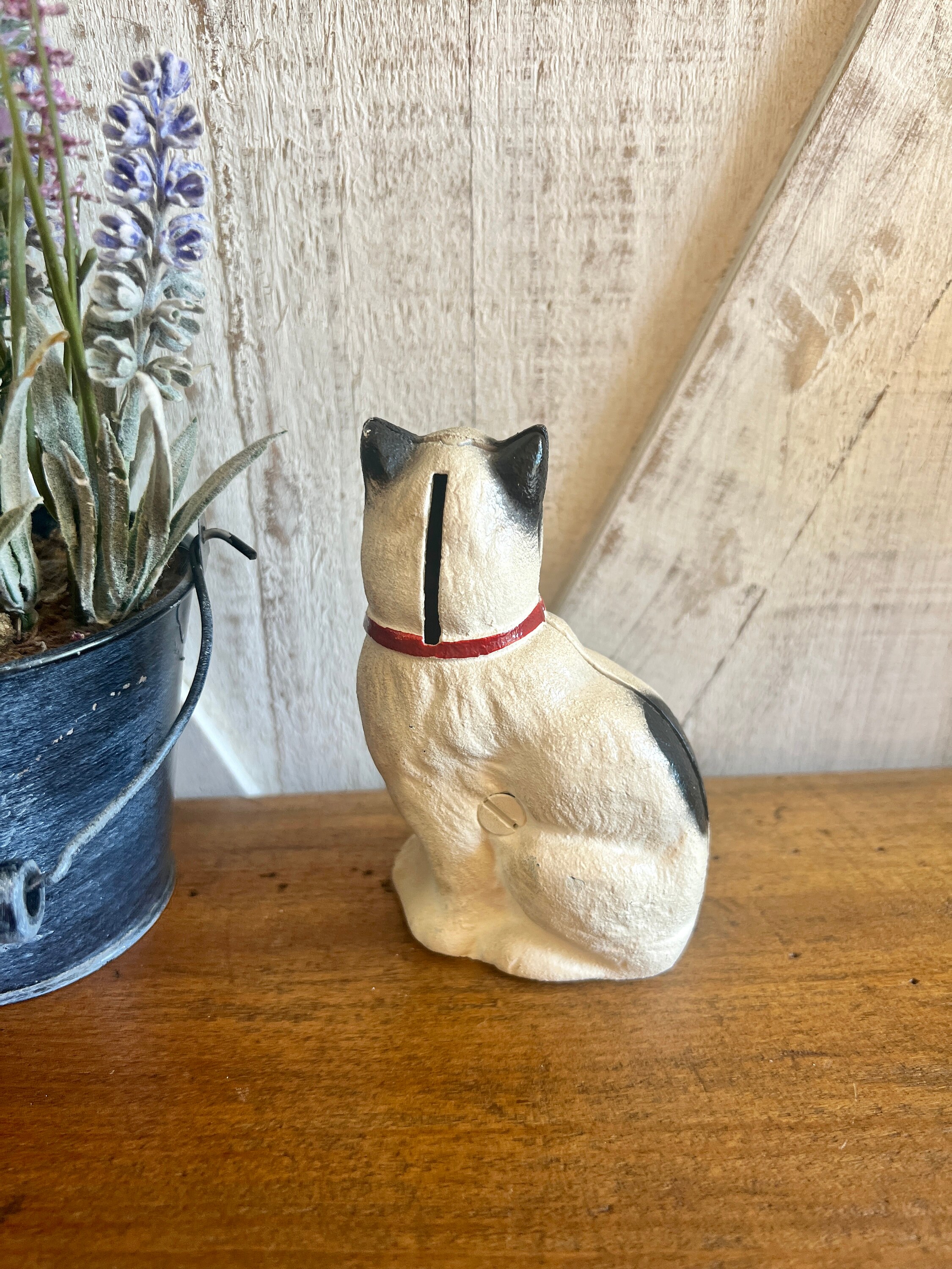 Vintage Cast Iron Cat Bank Cat Black & White Cat Red Bow Housewarming ...