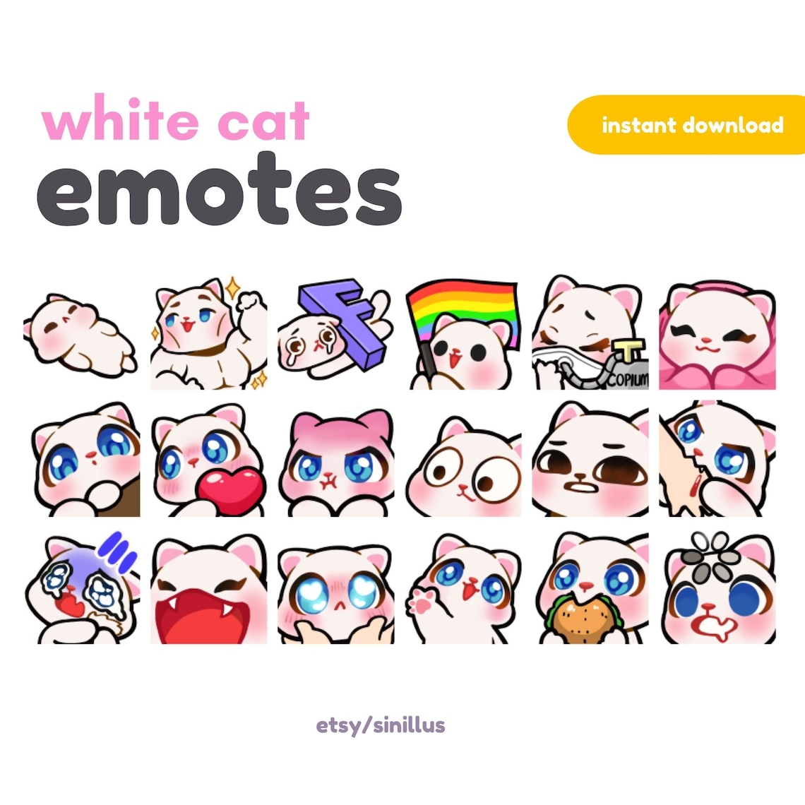X20 Cute White Cat Emote Pack / Twitch Emotes Pack / Emoji - Etsy