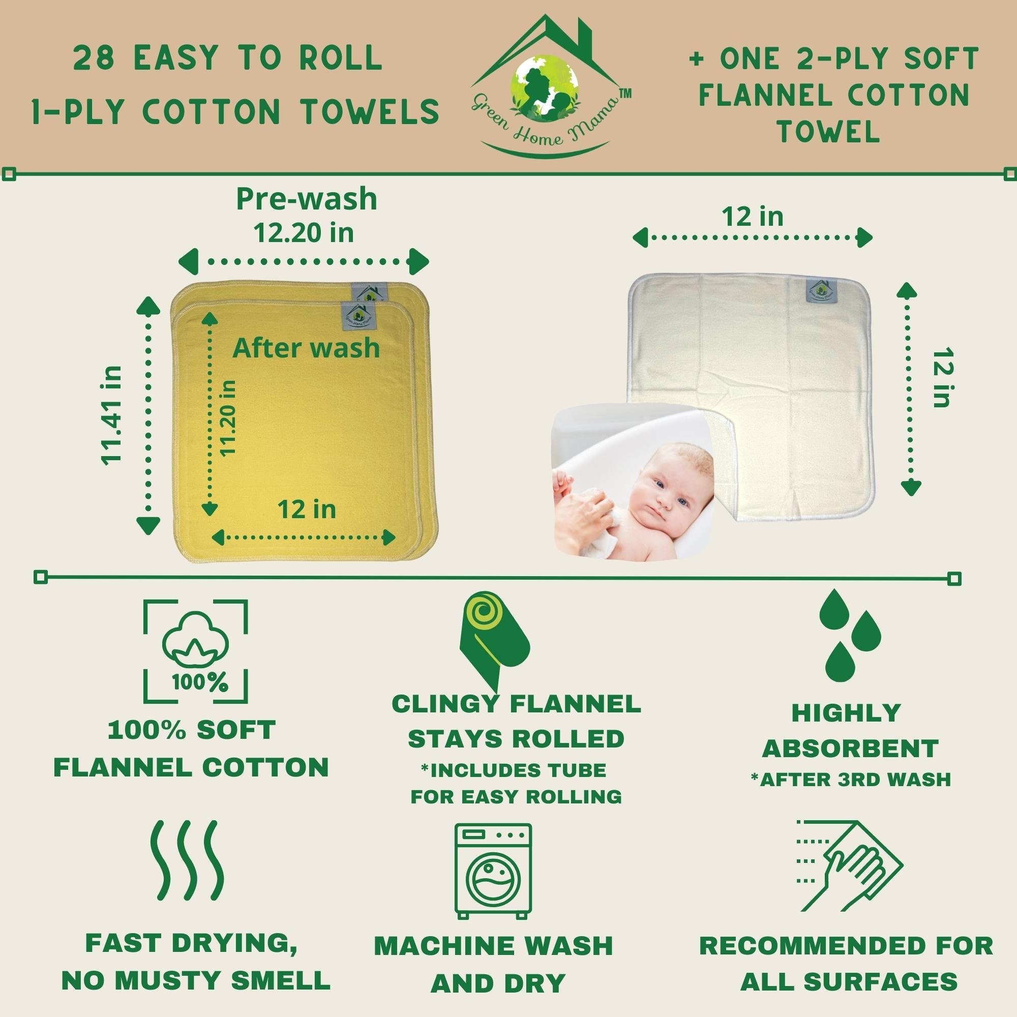 29 Pack Reusable Paper Towels, Reusable Baby Wipes, 11x12in W/ Tube ...