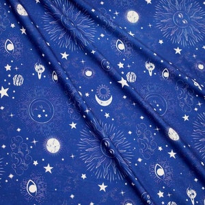 Moon & Stars Fabric, Celestial Fabrics, Double Brushed Knit, Spandex Ribbed Navy Knit Fabric ...