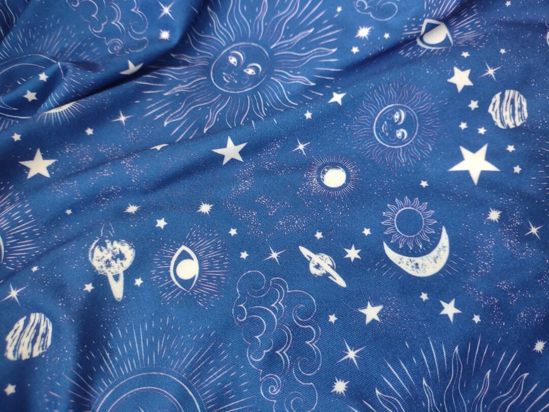 Moon & Stars Fabric, Celestial Fabrics, Double Brushed Knit, Spandex Ribbed Navy Knit Fabric ...