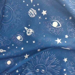 Moon & Stars Fabric, Celestial Fabrics, Double Brushed Knit, Spandex Ribbed Navy Knit Fabric ...