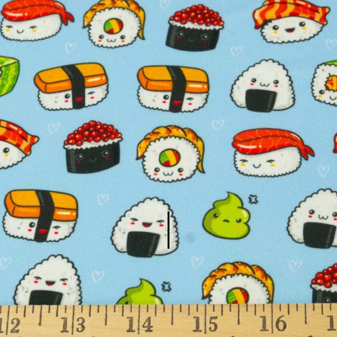 Wasabi Sushi Kawaii Fabric Conversational Poly-4 Way Stretch Blue Cute ...