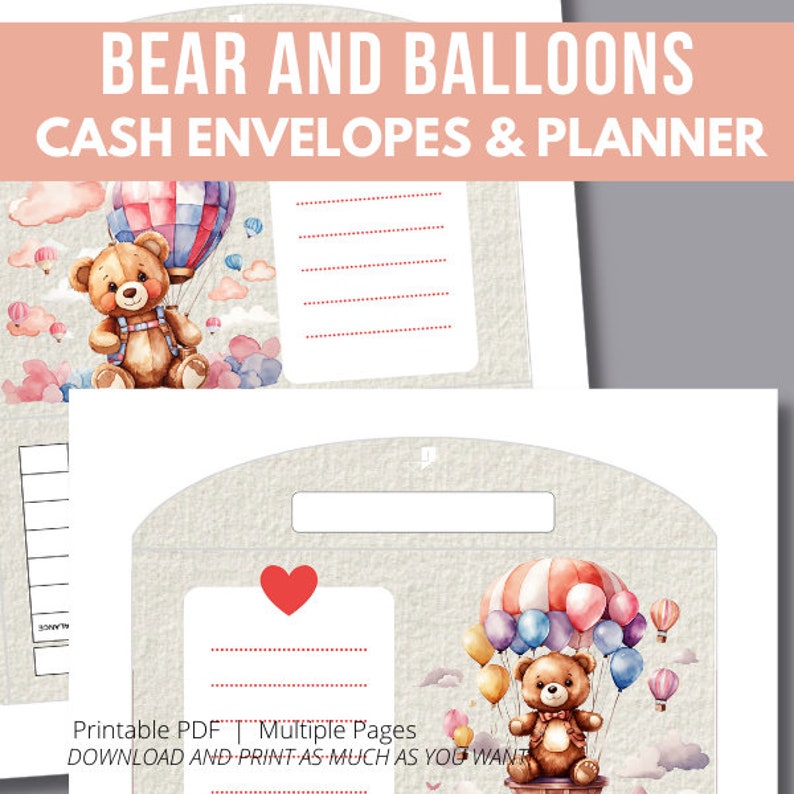 Bear and Balloons Horizontal Cash Envelopes, Cash Envelopes Printable ...