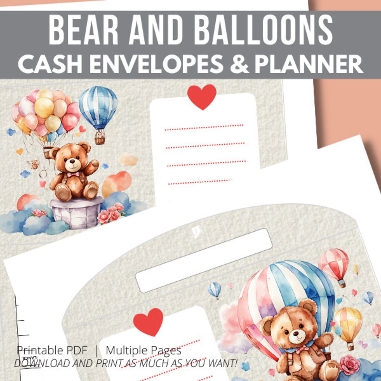 Bear and Balloons Horizontal Cash Envelopes, Cash Envelopes Printable ...