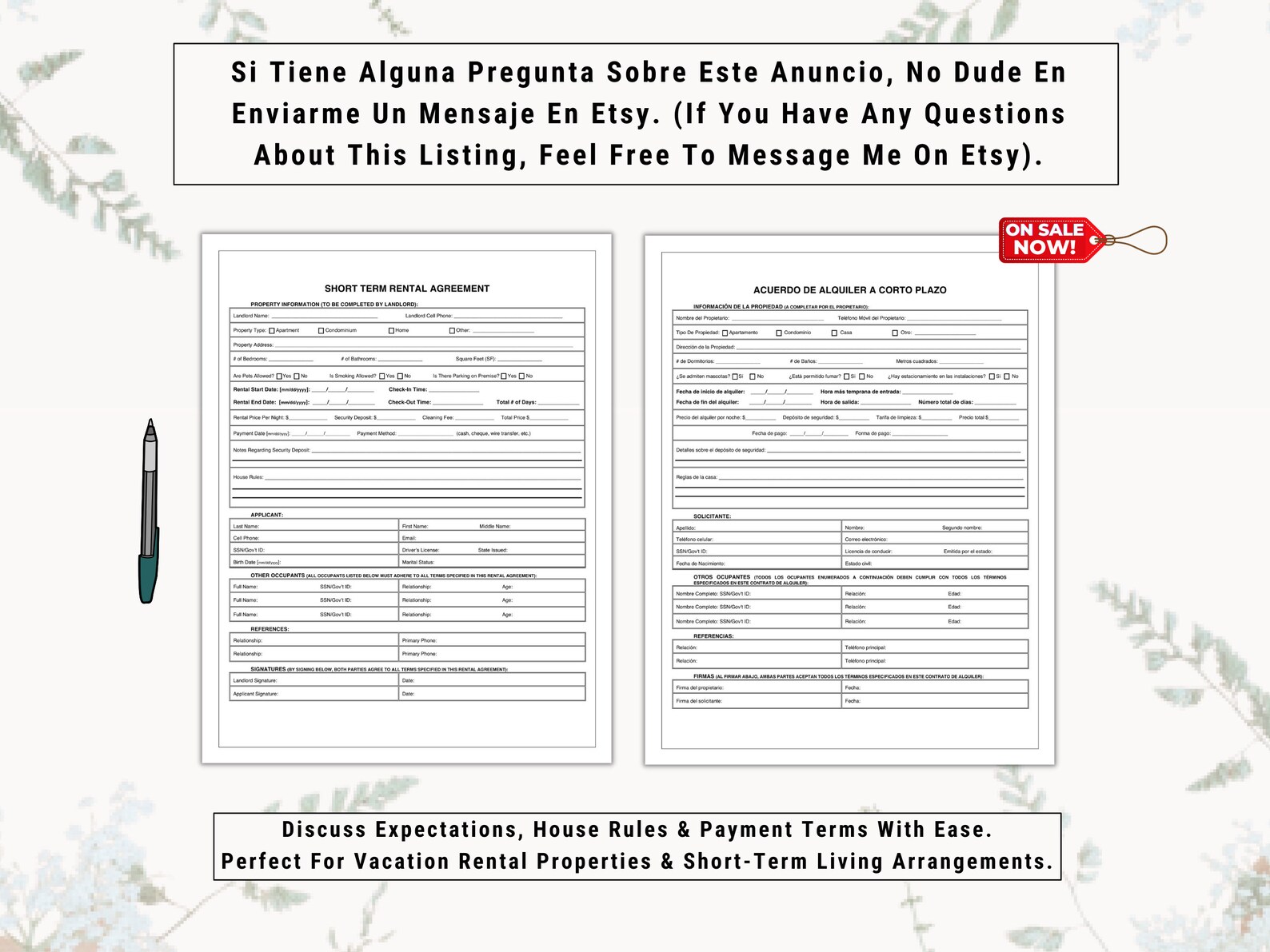 Short Term Rental / Lease Agreement Set in English & Spanish | Contrato ...