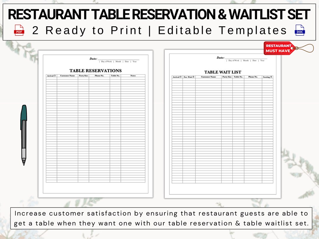Restaurant Table Reservations & Table Wait List Set - Etsy