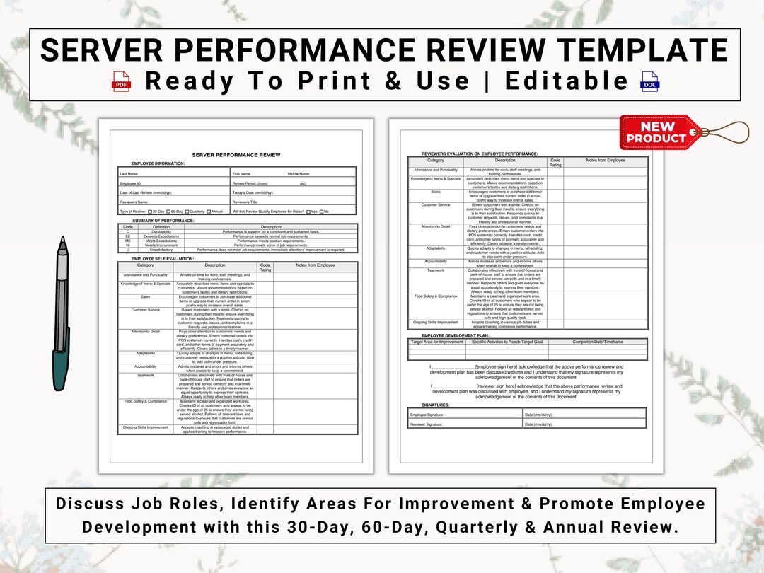 Restaurant Waitress / Server Performance Review & Self - Etsy