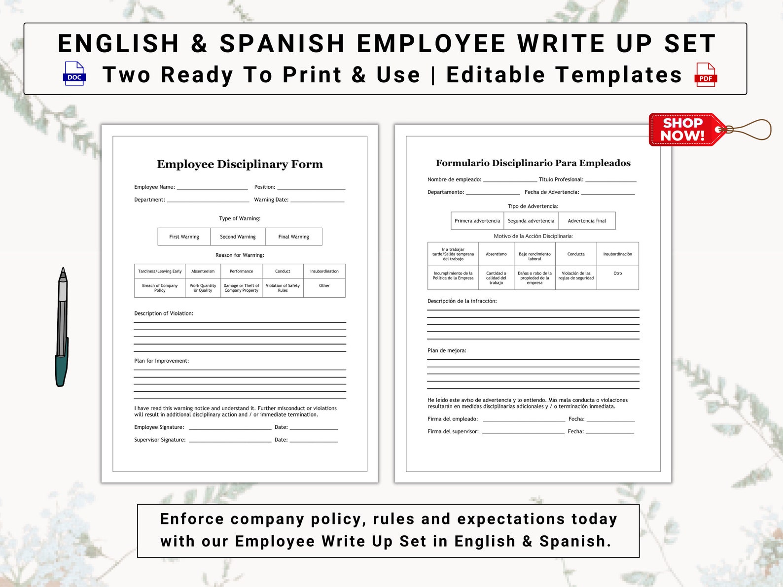 Employee Write up Form in English & Spanish Formulario - Etsy