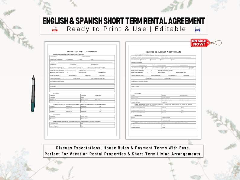 Short Term Rental / Lease Agreement Set in English & Spanish | Contrato ...