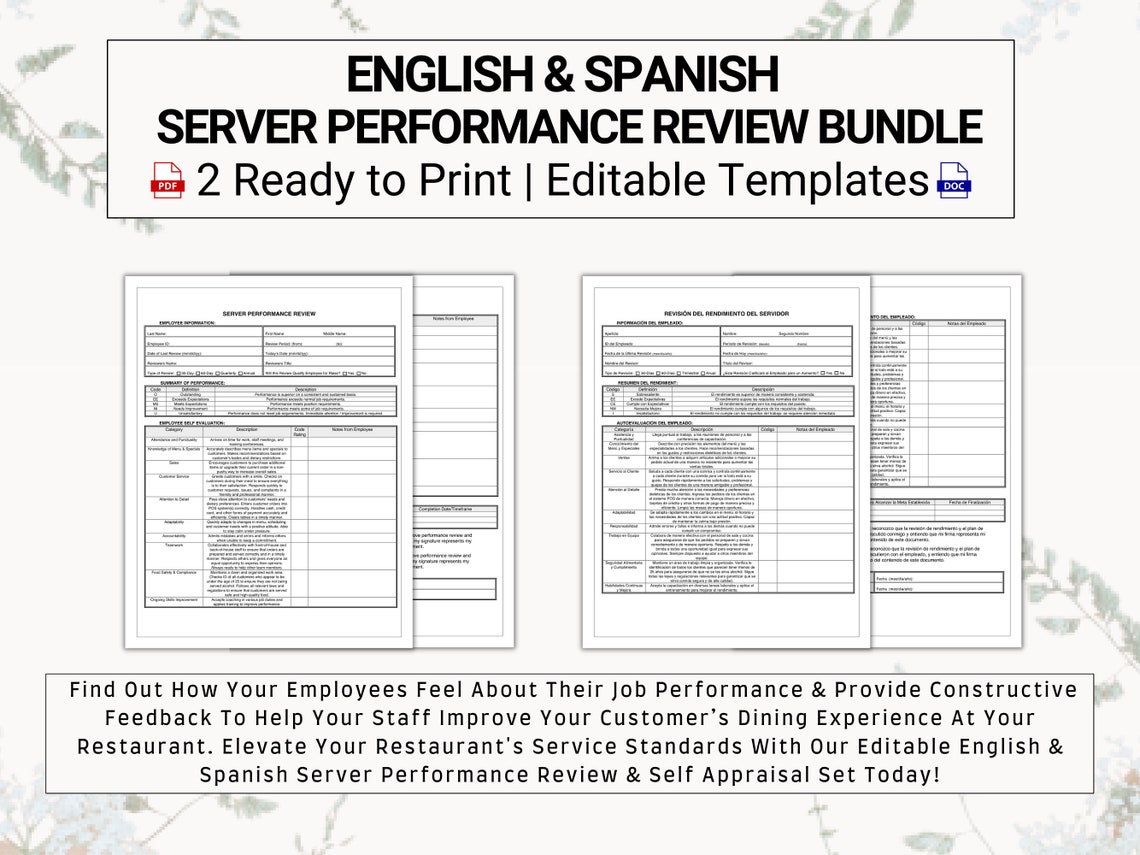 Restaurant Waitress / Server Performance Review & Self Appraisal Set in ...