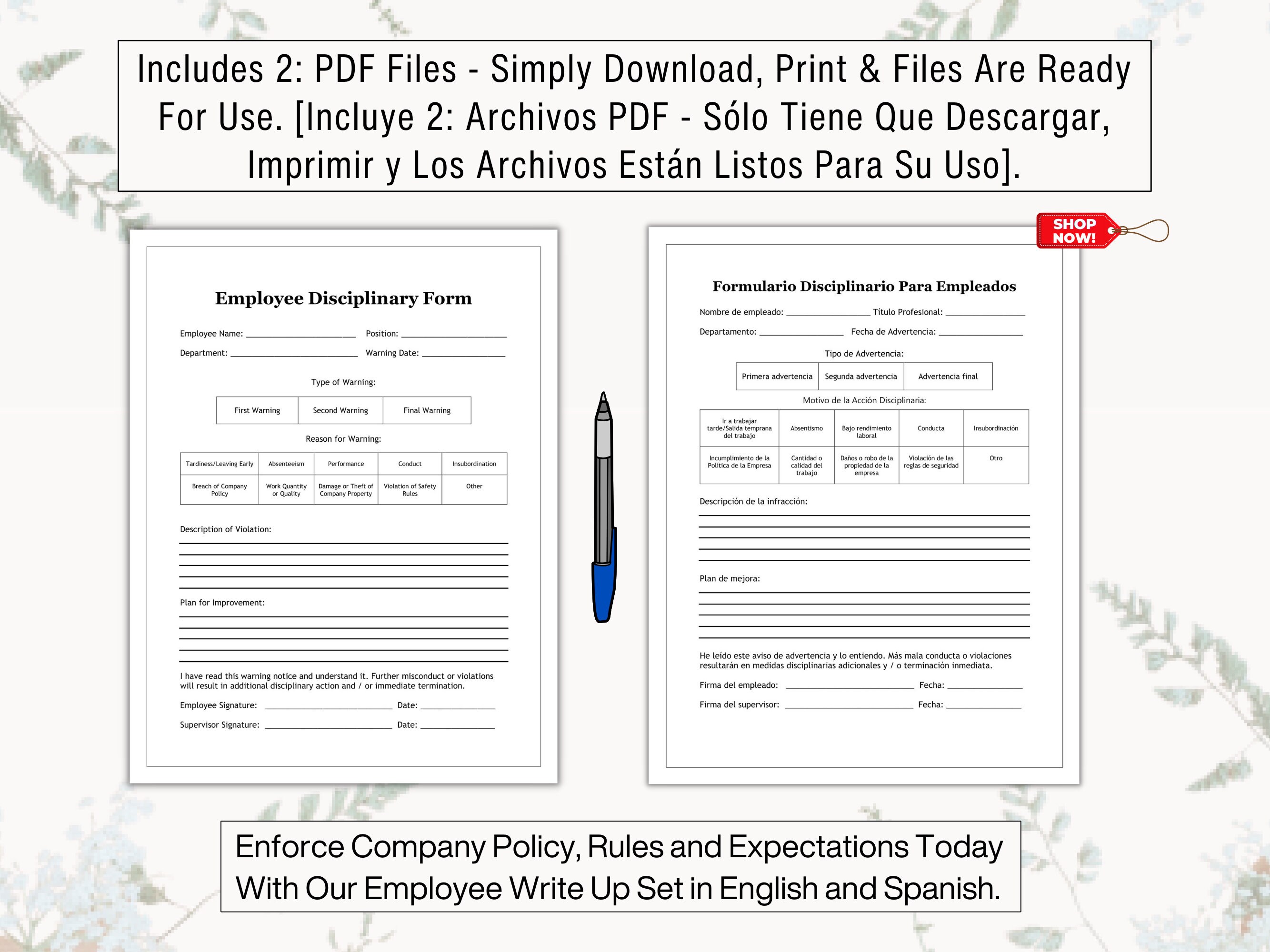 Employee Write up Form in English & Spanish Formulario Disciplinario ...