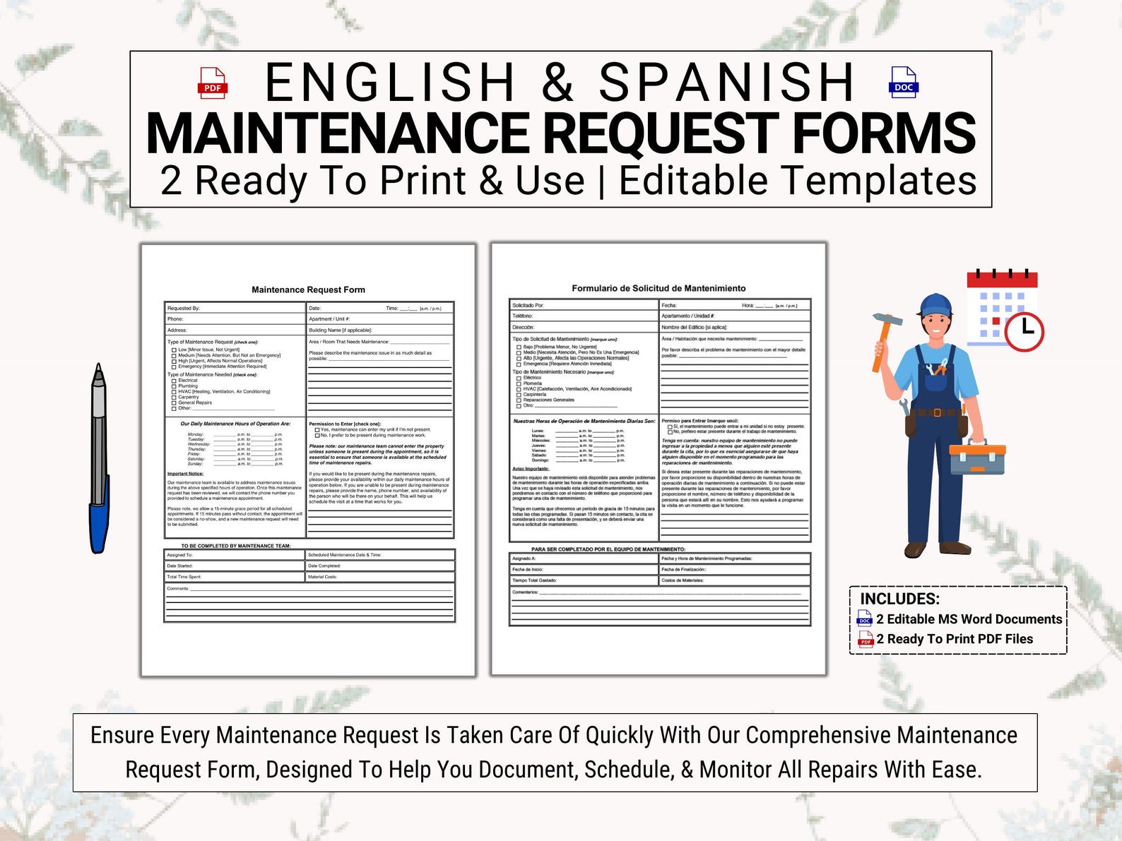 Maintenance Request Form in English & Spanish | Formulario De Solicitud ...