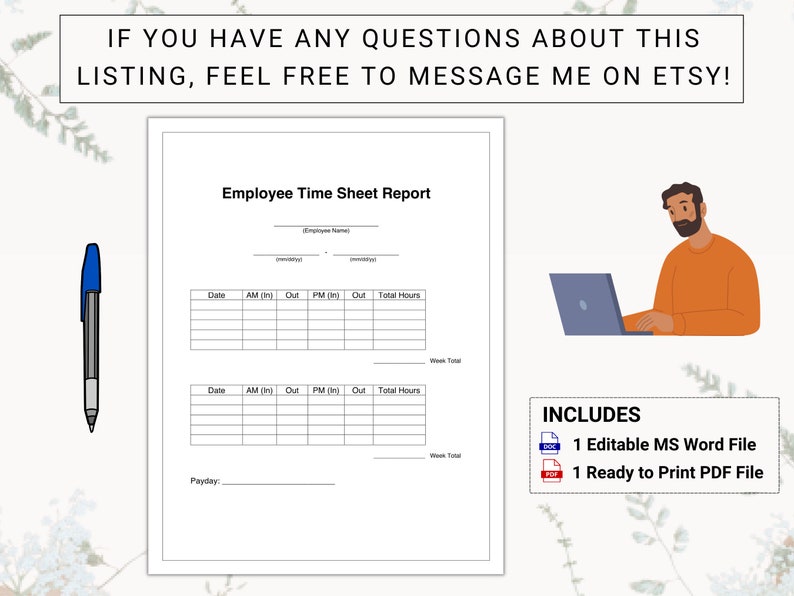 Employee Time Sheet / Time Card | Perfect for 2 Week Paydays & 5-day ...