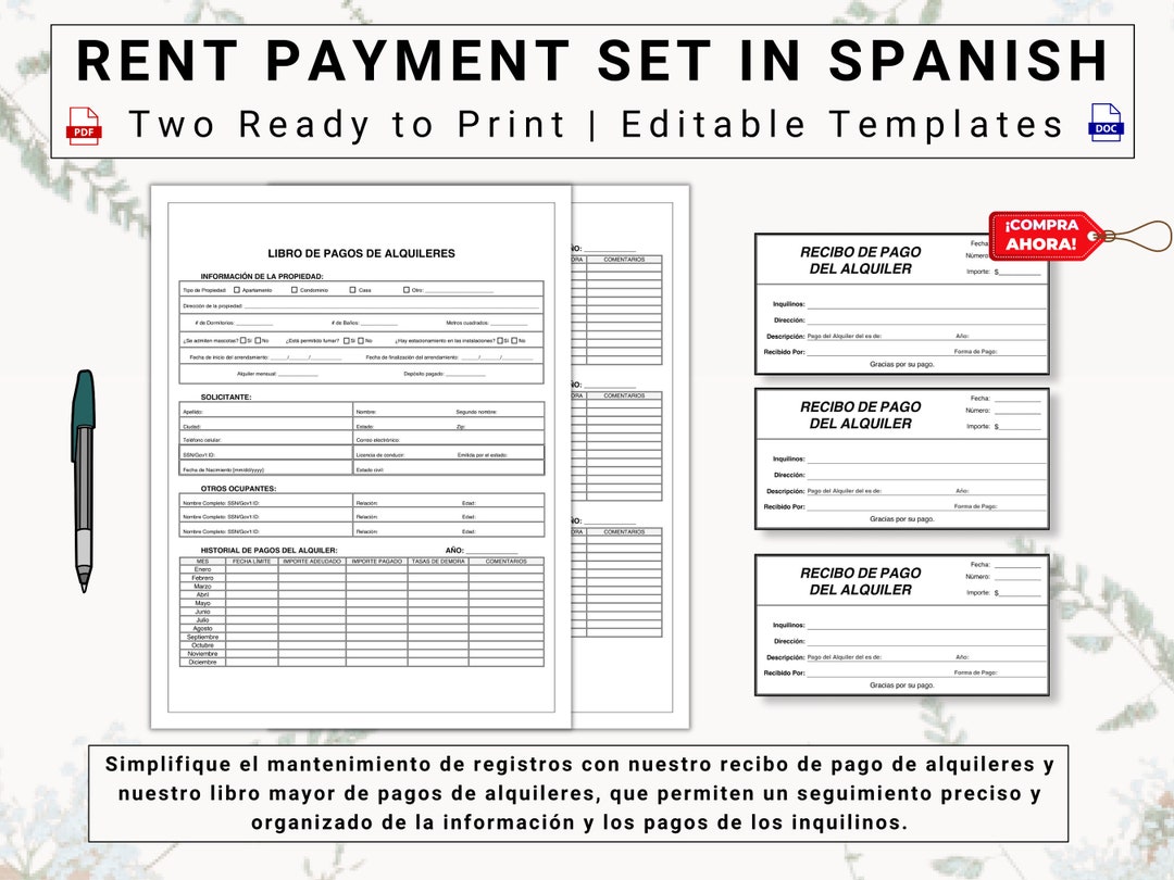 Rent Payment Ledger & Receipt in Spanish | Libro De Pagos De Alquiler Y ...