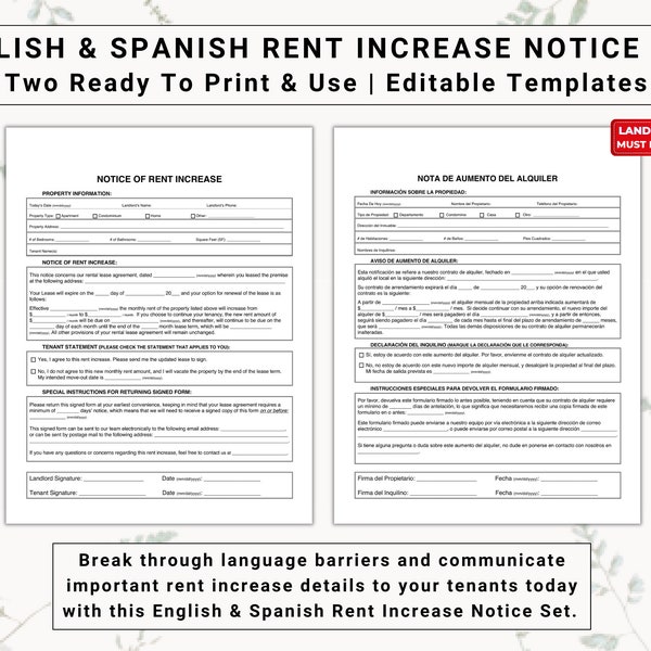 Notice of Rent Increase in Spanish - Etsy