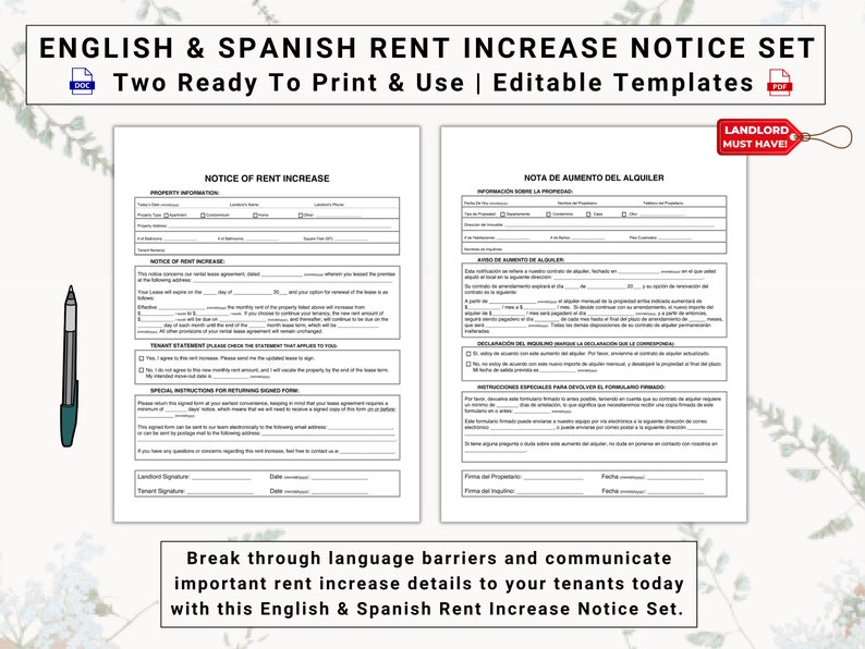 Rent Increase Notice Bundle in English & Spanish | A Landlord Must-have ...