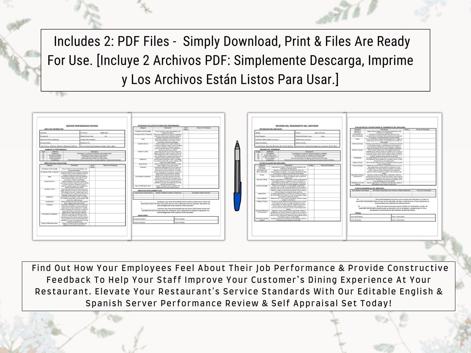 Restaurant Waitress / Server Performance Review & Self Appraisal Set in ...