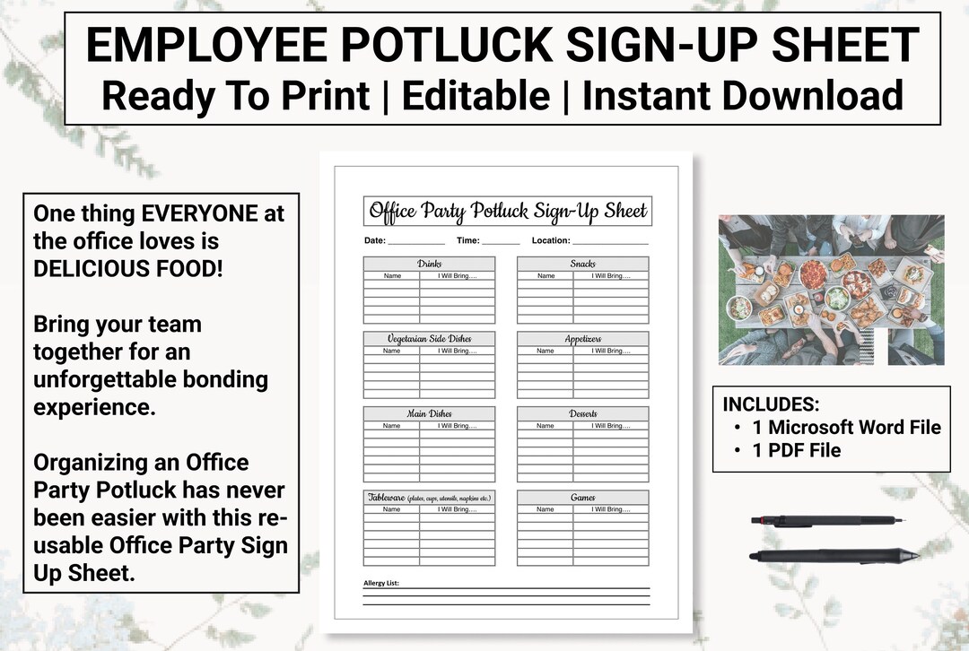 Employee Potluck / Office Party Sign up Sheet | Increase Employee ...