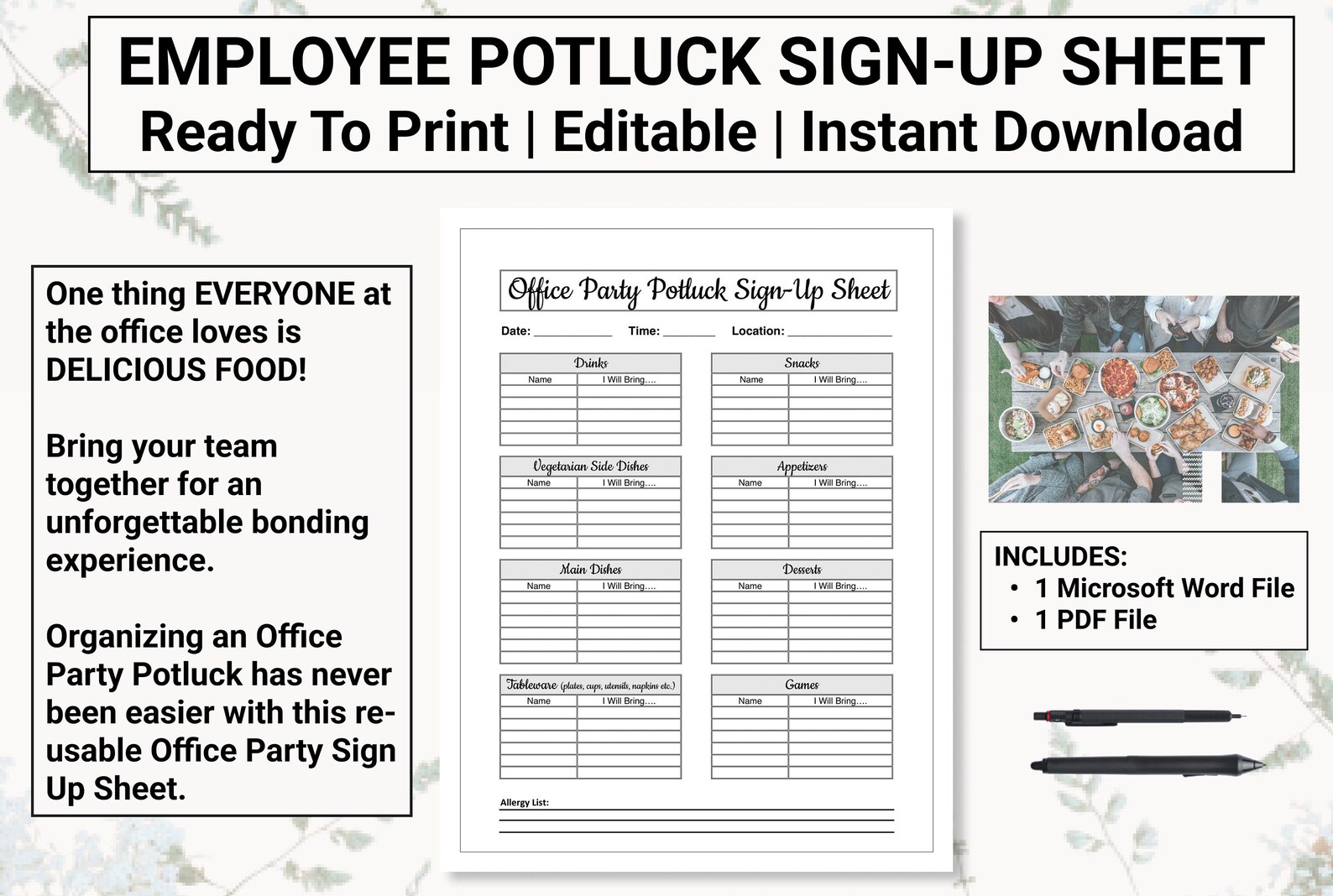 Employee Potluck / Office Party Sign up Sheet | Increase Employee ...
