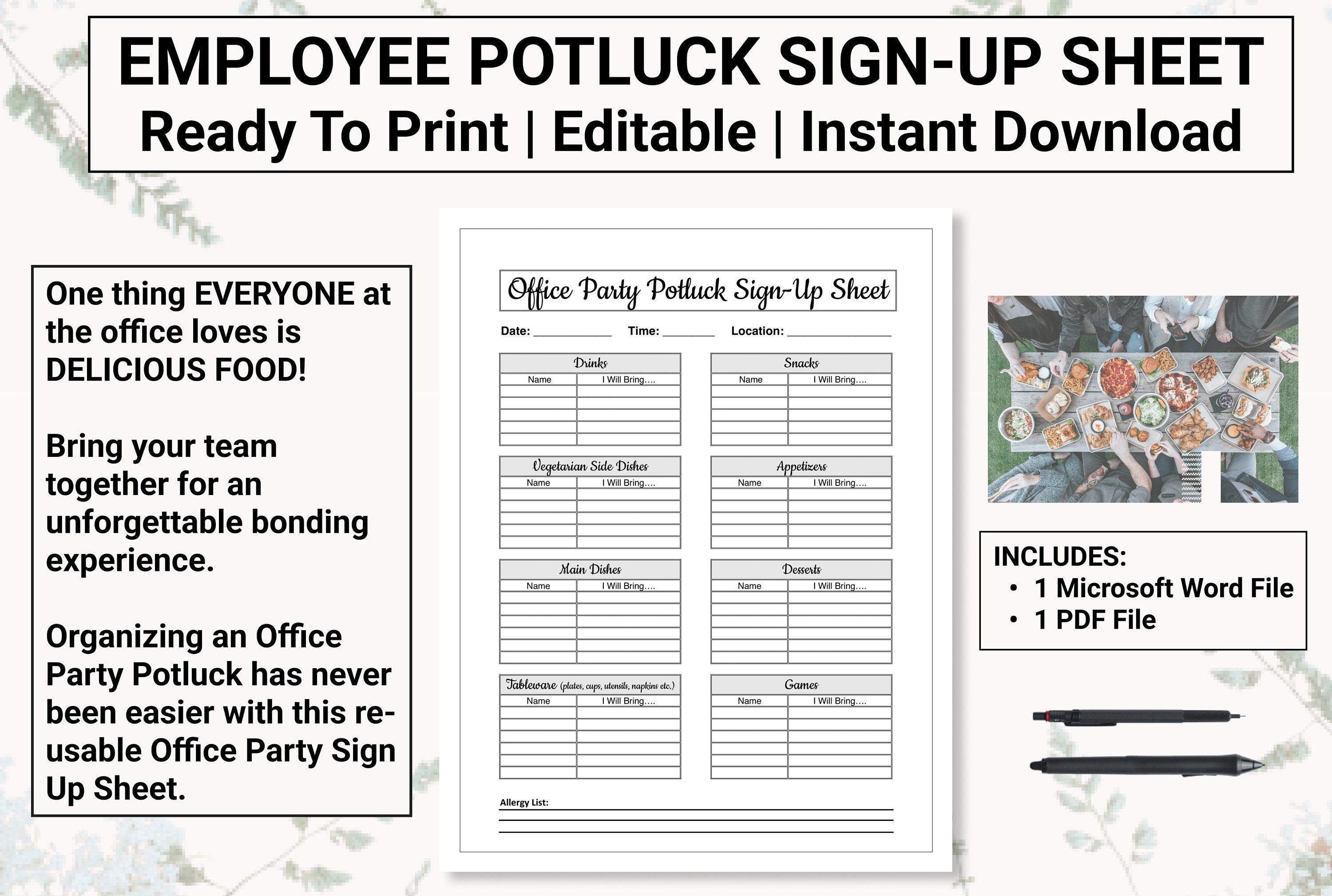 Employee Potluck / Office Party Sign up Sheet | Increase Employee ...